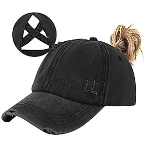 Muryobao Women Ponytail Criss Cross Messy Buns Ponycaps Baseball Cap Adjustable Cotton Distressed Dad Trucker Hat for Outdoor Sports Travel Black