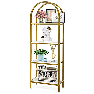 LITTLE TREE 4-Tier Arched Bookshelf, Tall Open Bookcase Storage Shelves, Wood Metal Freestanding Display Rack Tall Shelving Unit for Home Office, Bedroom, Living Room, White & Gold