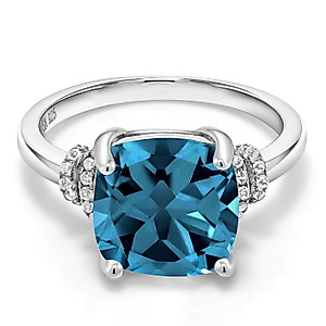 Gem Stone King 925 Sterling Silver London Blue Topaz Engagement Ring For Women (4.64 Cttw, Cushion Cut 10MM, Gemstone Birthstone, Available in size 5, 6, 7, 8, 9)