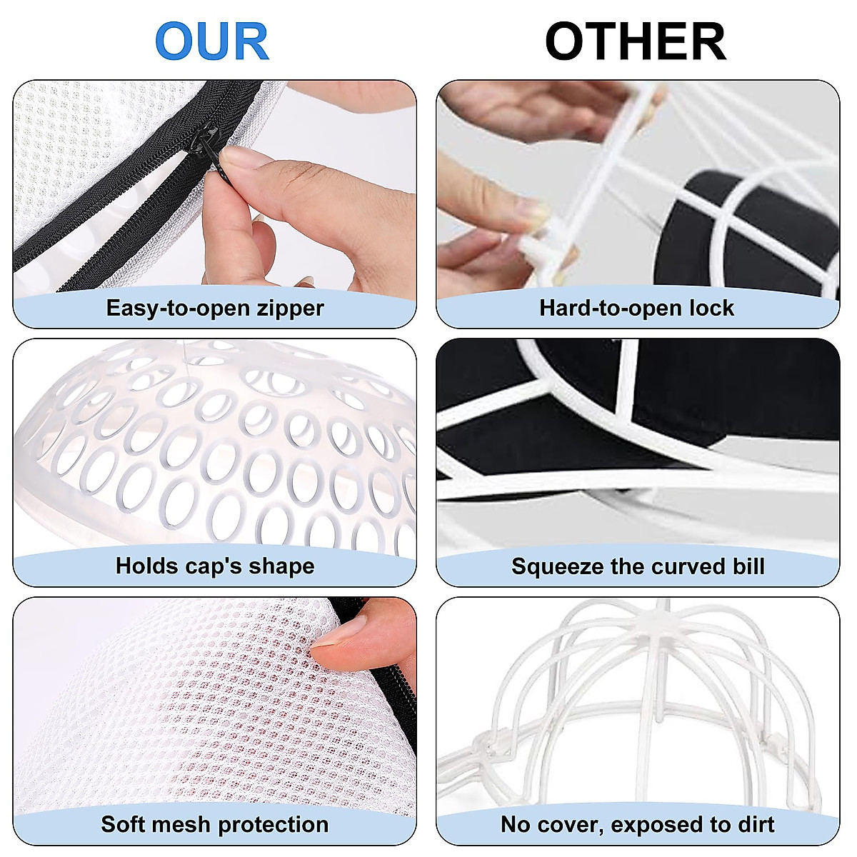 Hat Washer for Baseball Caps - 2 Pack Hat Washer for Washing Machine, Hat Cleaner, Hat Storage for Adult/Kid'S Hat Dishwasher Holder, Hat Protector Racks, Including 2 Pack Hat Bill Shaper, White