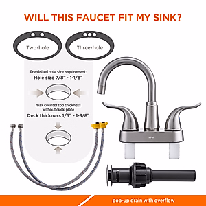 KPW Bathroom Sink Faucet 2 or 3 Hole Brushed Nickel Centerset 4 Inch Bathroom Sink Faucet 2 Handle Over ABS Non-Metallic Lavatory Bathroom Faucet with Pop up Drain Water Supply Hoses