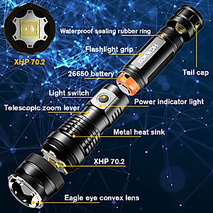 SDKWDH Rechargeable LED Flashlights High Lumens, 150000 Lumens Super Bright Tactical Handheld Flash Light, Powerful Emergency Linternas, Zoomable, Waterproof, Long Lasting, for Hiking Camping Gift
