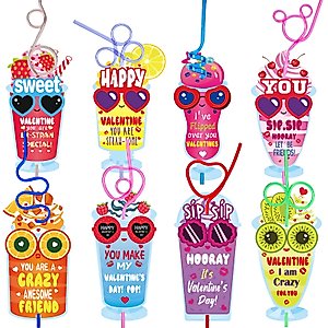 Valentines Day Cards, 32 Pack Crazy Straws Bulk, Silly Straws for Kids Colorful Valentine Exchange Cards Loop Reusable Drinking Straws Valentine Gifts for Classroom Boys Girl School Party Game Favor