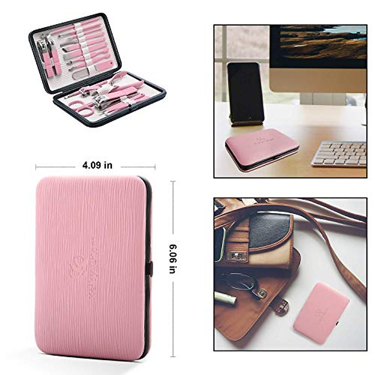 Manicure Set Professional Nail Clippers Kit Pedicure Care Tools- Stainless Steel Women Grooming Kit 18Pcs for Travel or Home (Pink)