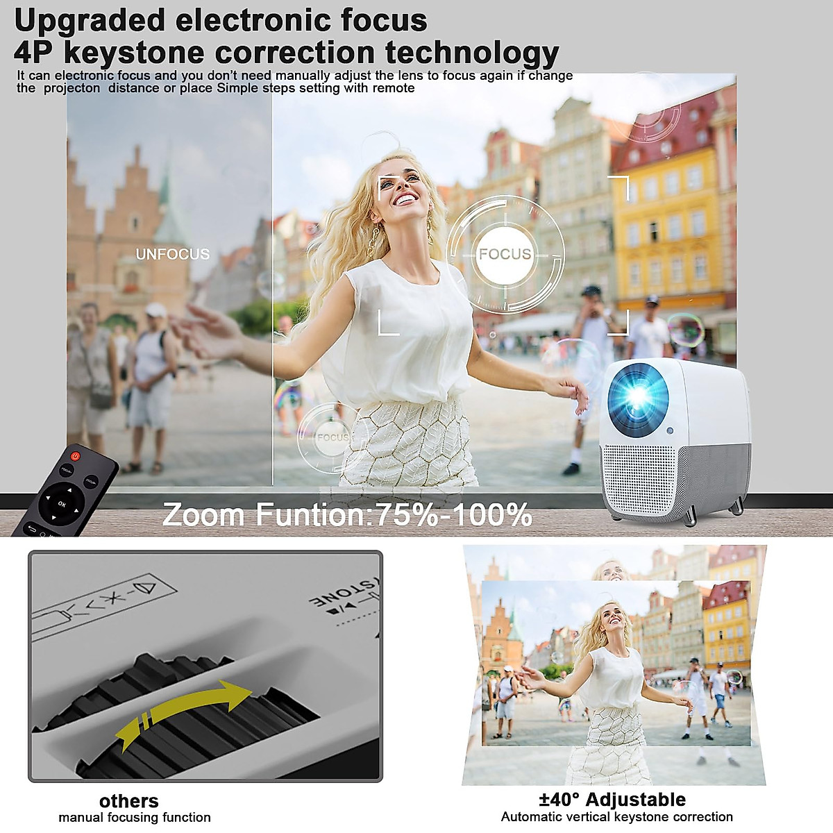 KECAG Projector with WiFi and Bluetooth, Native 1080P 9500L Video Projector with 100'' Projector Screen, Electric Focus, Portable Outdoor Movie Projector Compatible with Smartphone, TV Stick, HDMI