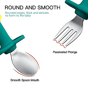 SFCCMM Toddler Utensils Stainless Steel Forks and Spoons Safe Children's Cutlery Set Handle Cartoon Cute for Baby (Green Dinosaur - Short)