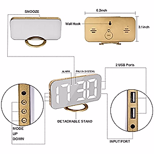 SZELAM Digital Alarm Clock,LED and Mirror Desk Clock Large Display,with Dual USB Charger Ports,3 Levels Brightness,12/24H,Modern Electronic Clock for Bedroom Home Living Room Office - Gold