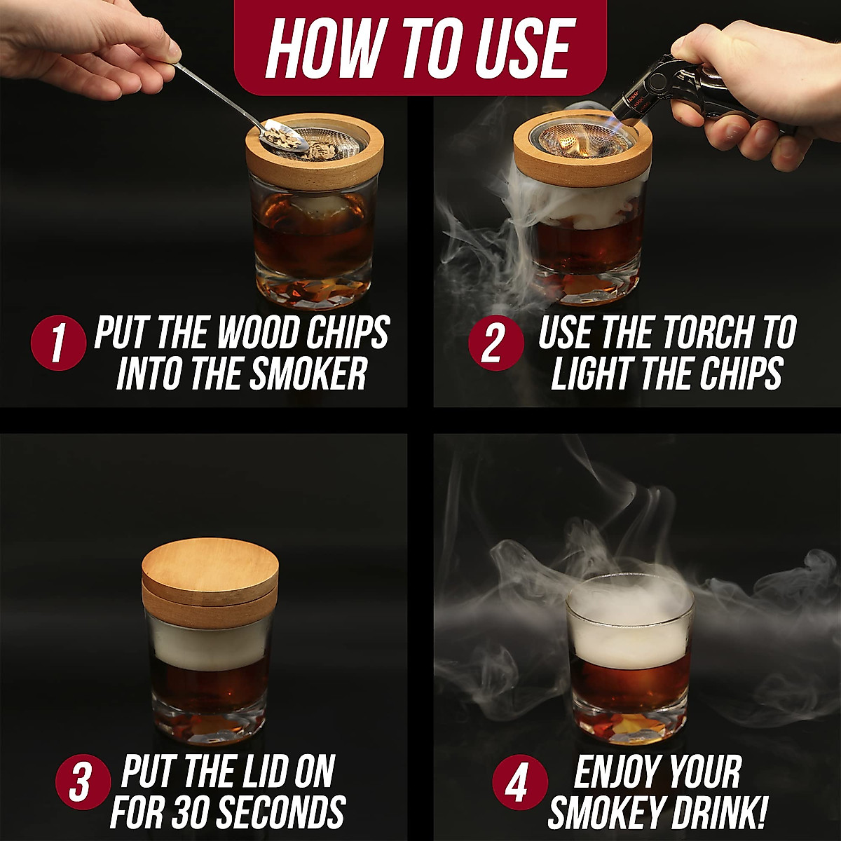 Cocktail, Whiskey, Bourbon & Old Fashioned Smoker Kit with Torch - 8 Unique Natural Wood Flavours to Smoke Your Drink (no Butane)