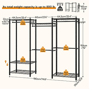 HOOBRO Heavy-Duty Clothes Rack, Freestanding 6-Tier Closet Organizer, Metal Clothing Rack with Shelves and Hanger Rods, Multi-Functional Bedroom Garment Rack, Max Load 800 lb, Black BK03LY01