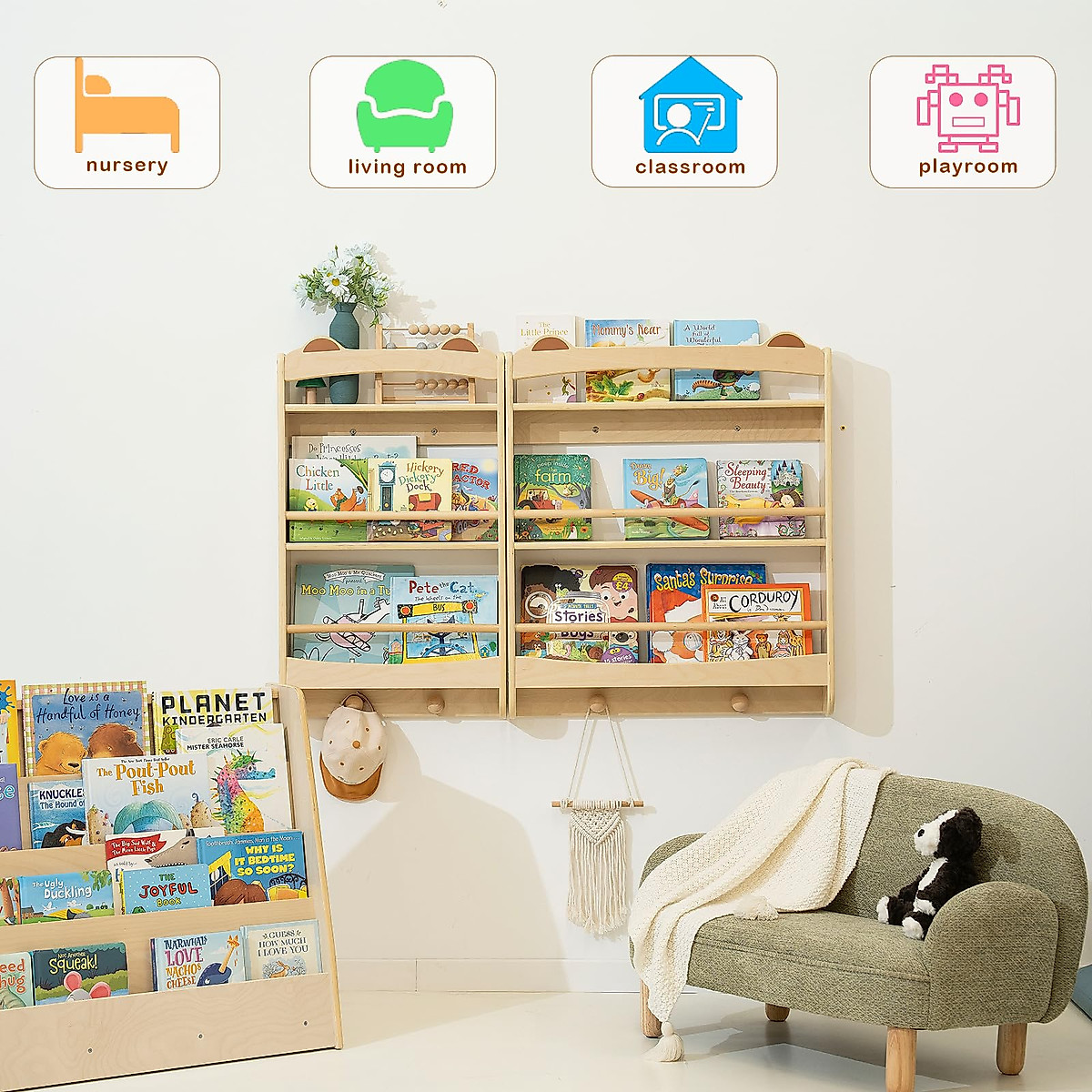kidi house Wall Bookshelf Wooden Kids Bookshelf 3-Tier Floating Nursery Book Shelves for Kids Room Birch Hanging Toddler Bookshelf Montessori Bookshelf for Baby Room Playroom Living Room (Wide)