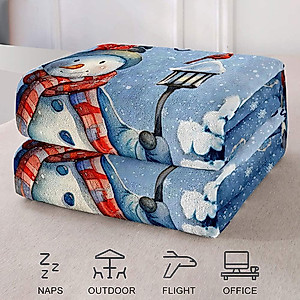 LUVIVIHOME Cute Snowman Throw Blanket, Blue Blanket, Kids Blanket, Red Cardinal Birds Winter Holiday Christmas Blanket, Cozy Warm Lightweight Soft Fuzzy Flannel Fleece Blanket for Couch, Sofa, 30"x40"