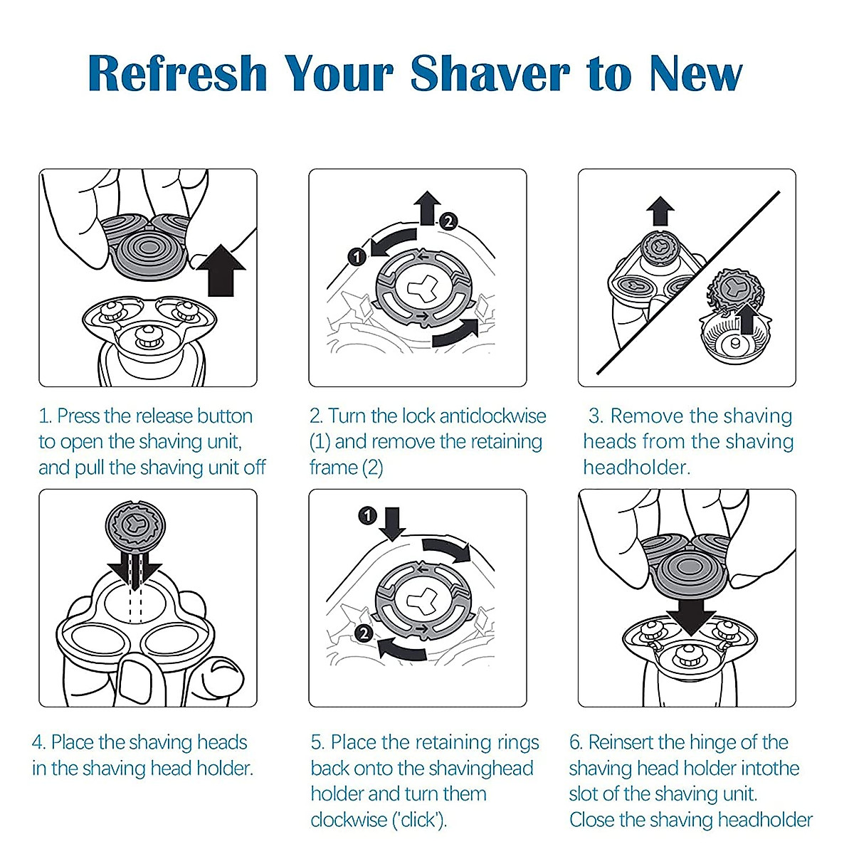 Suleto SH60/72 Replacement Shaver Head Blades Compatible with Philips Series 6000 Electric Razors, SH60 Head for S6880/81, S6810/82, S6850/85, S6xxx, Series 6000 Replacement Shaving Head w/Brush