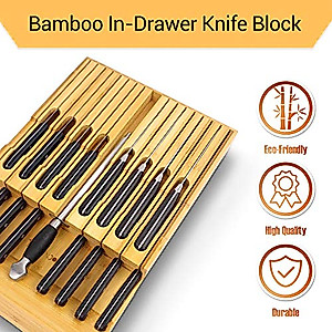 In-Drawer Bamboo Knife Block Holds for 16 Knives(Not Included) and Knife Sharpener, Knife Organizer Drawer Insert for Kitchen Cooking/Chef Skills, Saves Kitchen Counter Space