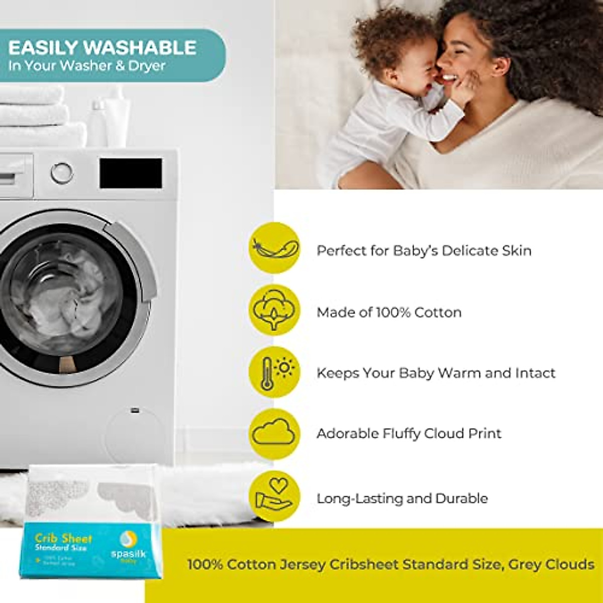 100% Cotton Jersey Cribsheet Standard Size, Grey Clouds