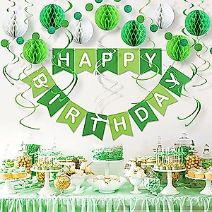 LITAUS, Birthday Decorations, NO DIY - Pack of 20 | Green Happy Birthday Banner, Honeycomb Balls, Swirls, Garland | Happy Birthday Decorations | Birthday Party Decorations