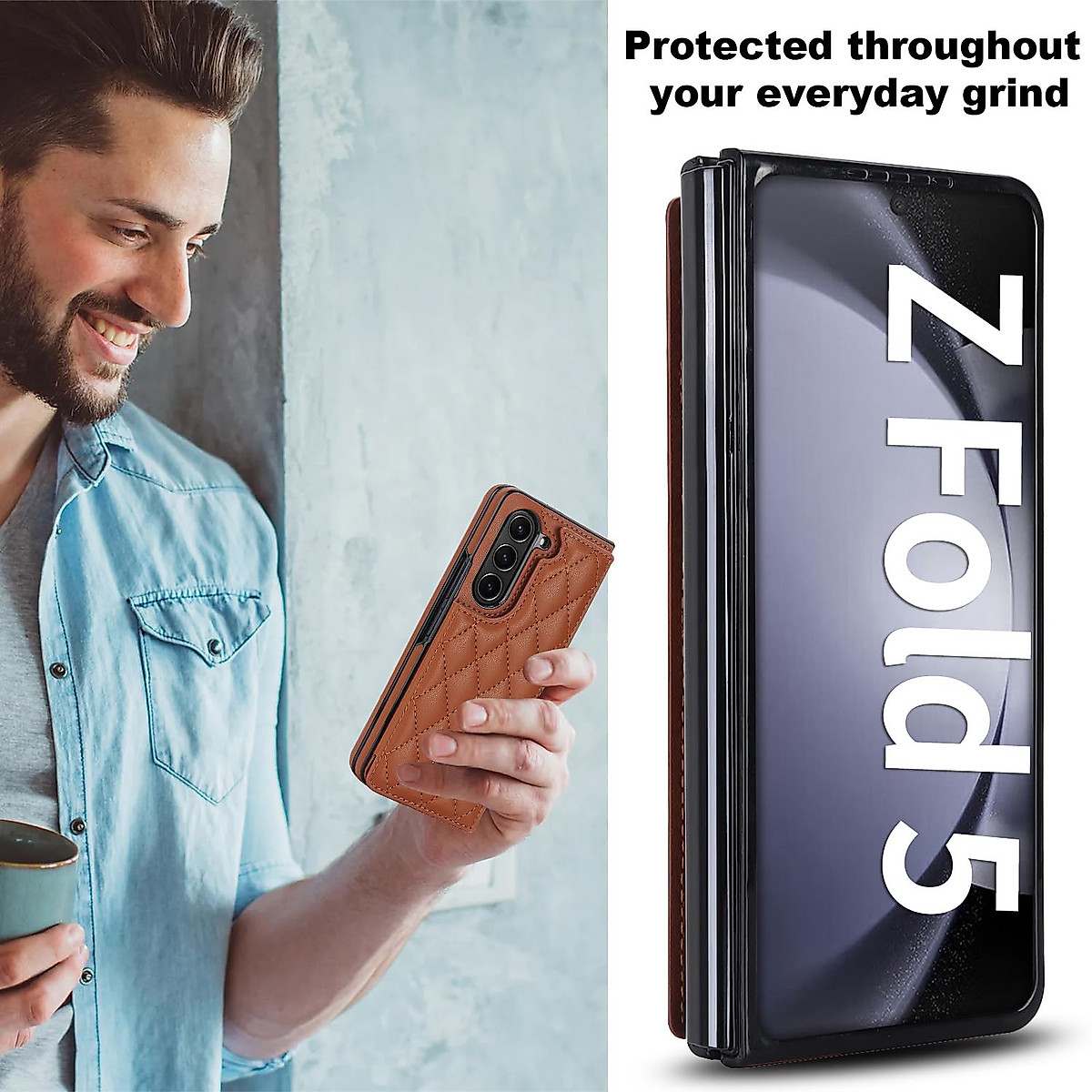 XIZYO for Samsung Galaxy Z Fold 5 Case, for Z Fold 5 Wallet Case with Card Holder Slot Kickstand Cute Aesthetic Leather Flip for Women Men Shockproof Protective Bumper Cover, Brown