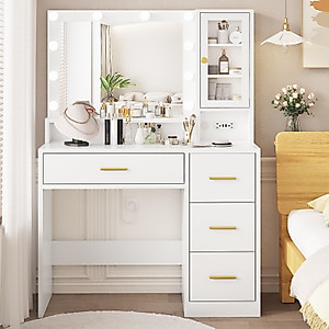 White Vanity with Mirror and Lights, Makeup Vanity Desk with 4 Drawers, Glass Door Storage Cabinet, Charger Station, 3 Color Modes & Adjustable Brightness Dressing Table for Bedroom,Girls Vanity 35.4"