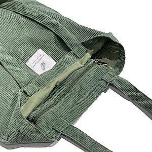 Geerta Corduroy Bag Green for Women Shoulder Bag with Inner Pocket Olive Green Tote Aesthetic Corduroyed Canvas Purse with Design for Work Beach Lunch Travel and Shopping Grocery