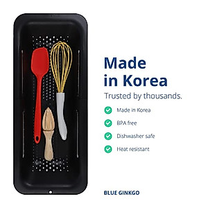 BLUE GINKGO Over the Sink Colander Strainer Basket - Wash Vegetables and Fruits, Drain Cooked Pasta and Dry Dishes - Extendable - New Home Kitchen Essentials (7.9W x 14-19L x 2.75H) - Black