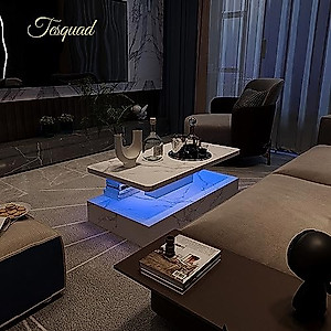 Tesquad Marble LED Coffee Table, Modern LED Coffee Table with High Gloss Surface, Modern White Living Room Table LED Light High Glossy Center Table for Living Room