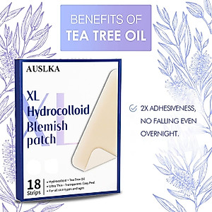 AUSLKA Large Blemish Patches XL -18 Strips - Hydrocolloid Patch for Covering Zits - Spot Stickers - Vegan and Cruelty for Face and Skin