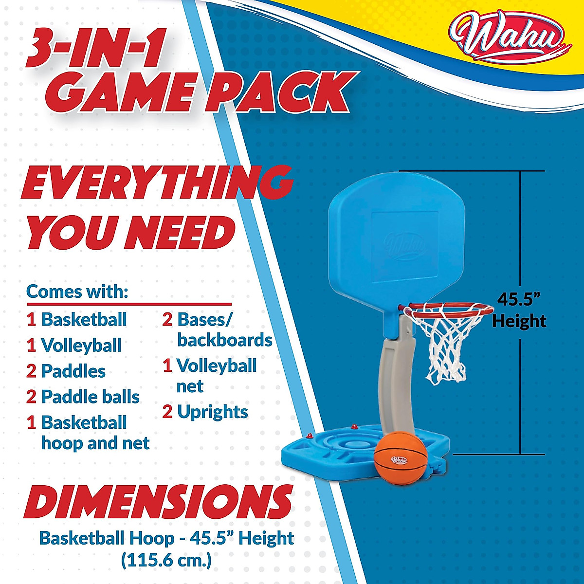 Wahu 3-in-1 Pool Sports Game Pack with Basketball and Hoop, Volleyball and Net, and Paddles and Paddle Balls, Pool Volleyball, Basketball, and Paddle Ball Set