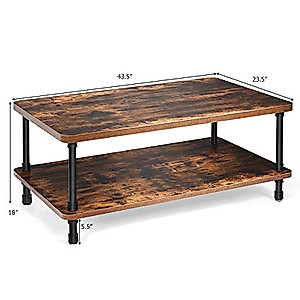 Giantex Retro Coffee Table W/Thick Tabletop, Industrial Steel Pipe Legs & 2-Tier Storage Shelf Accent Table for Living Room, Reception Room, Easy Assembly Center Table, Rustic Brown