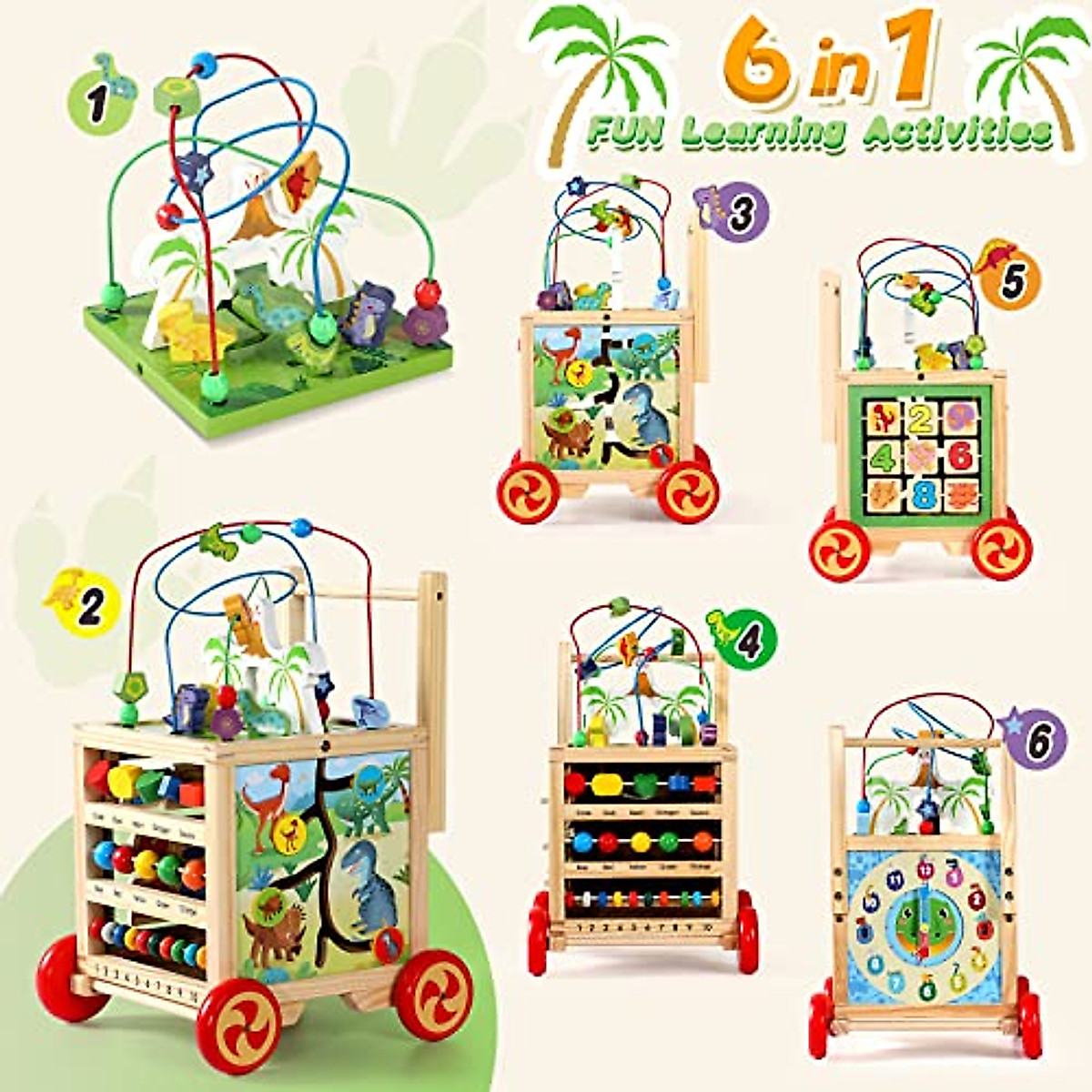 Baby Walker Toys for 1 Year Old Boy Girl Montessori Toys for 1 2 3 Year Old 6 in 1 Baby Activity and Activity Center Wooden Toys Walker with Wheels Activity Cube Table Infant Baby Toys 12-18 Months