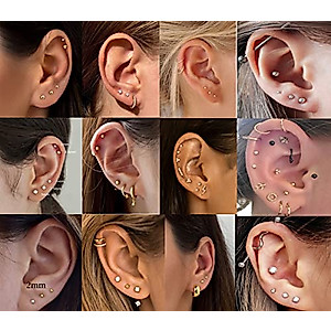 3MM Cubic Zirconia CZ Stud Earrings Gold: 14K Plated 20G Tiny Stud Earrings Set - Cartilage Helix 2-nd 3-rd Hole Small Multiple Piercing Jewelry Hypoallergenic Post Earring, Pack of 6 Pair