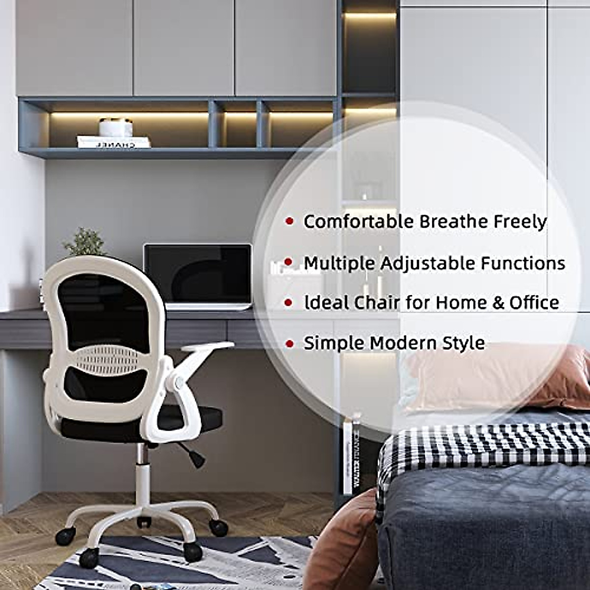 Sytas Office Chair Ergonomic Desk Chair, Rolling Swivel Mesh Computer Task Chair with Flip-up Arms Lumbar Support and Height Adjustable, White