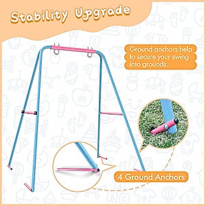 Kiriner Swing Set Outdoor Swings for Kids Toddlers with Waterproof Metal A-Frame, 4 Anchors, Two Swing Seats Swing Sets for Backyard Playground Pink&Blue