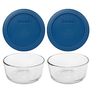 Pyrex (2 7200 2 cup Glass Dishes & (2) 7200-PC 2 Cup Blue Spruce Lids Made in the USA