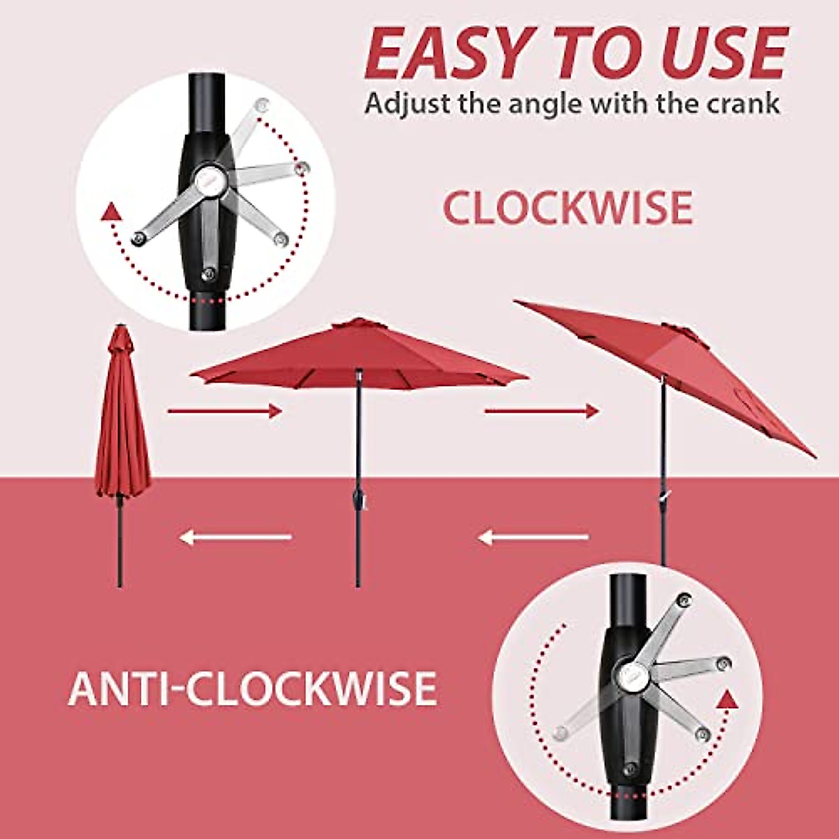 Tempera 9' Outdoor Market Patio Table Umbrella with Auto Tilt and Crank,Large Sun Umbrella with Sturdy Pole&Fade resistant canopy,Easy to set,Rust Red