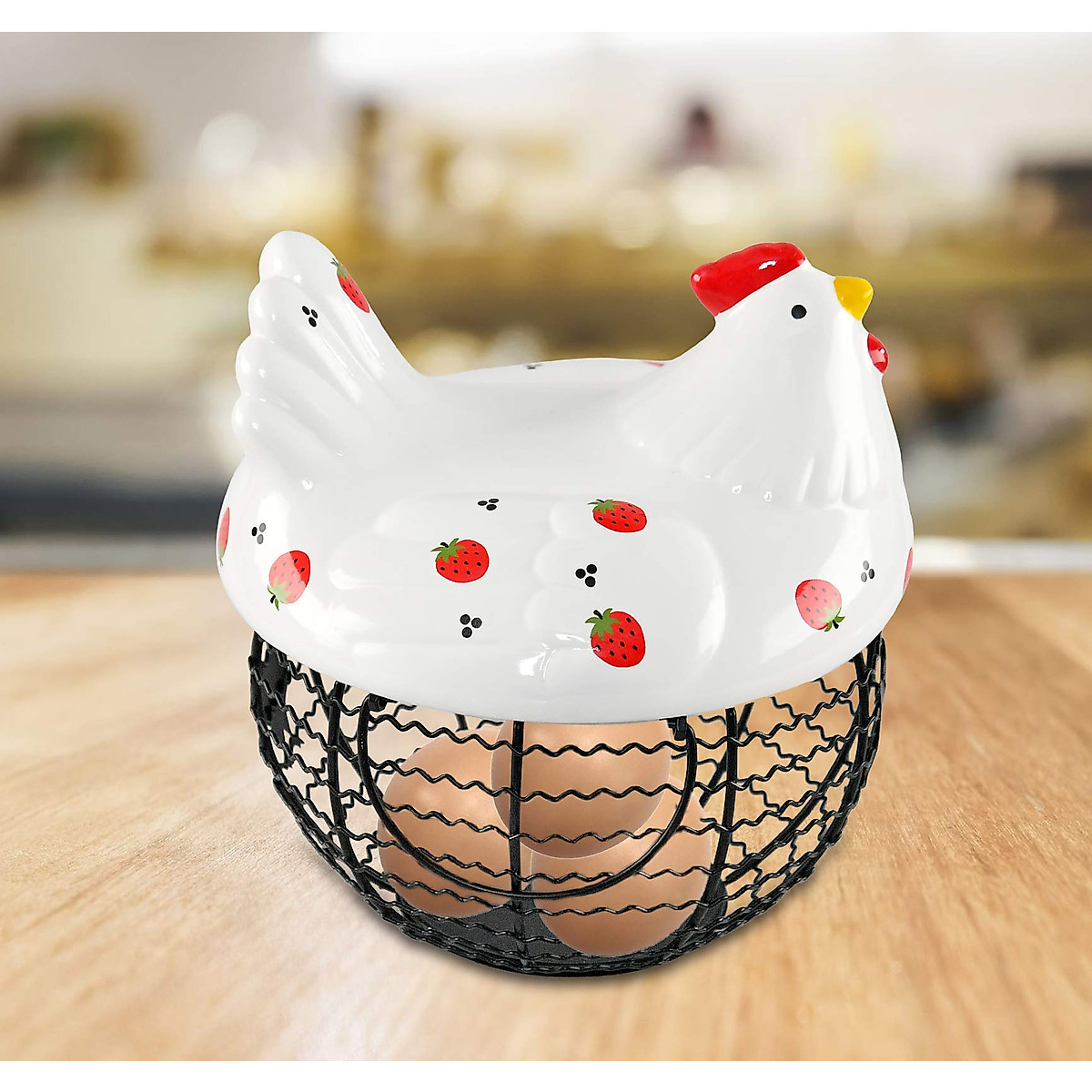 HOME-X Chicken Egg Basket for Egg Storage, Ceramic and Iron Decorative Basket with Chicken Design, Farmhouse Kitchen Decor, Holds 20–25 Eggs, Strawberry Print