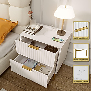 HQZX White Nightstand Set of 2 with Charging Station, Fluted Nightstand with Drawers, Modern Bedside Table with Gold Legs, End Table for Bedroom