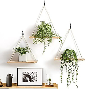 Titanape Macrame Hanging Shelves [Set of 3] Swing Rope Plant Shelf, 100% Natural Wooden Wall Shelves for Nursery Children Room Decor, Boho Shelf for Bedroom Bathroom Dorm Apartment Wall Decor