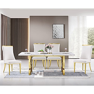 AZhome White and Gold Dining Chairs Set of 4, White Velvet Dining Room Chairs with Reticulate Texture Back and Metal Trim Top, Upholstered Chairs with Gold Stainless Steel Legs