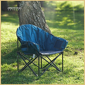 ARROWHEAD OUTDOOR Oversized Heavy-Duty Club Folding Camping Chair w/External Pocket, Cup Holder, Portable, Padded, Moon, Round, Saucer, Supports 330lbs, Carrying Bag, USA-Based Support