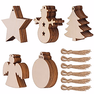 50 Pcs Unfinished Paintable Blank Wooden Christmas Festival Decoration Ornaments, Xmas Tree Hanging Wood Slices for Kids DIY Art Crafts, 5 Designs-Christmas Tree, Snowman, Stars, Angel, Round