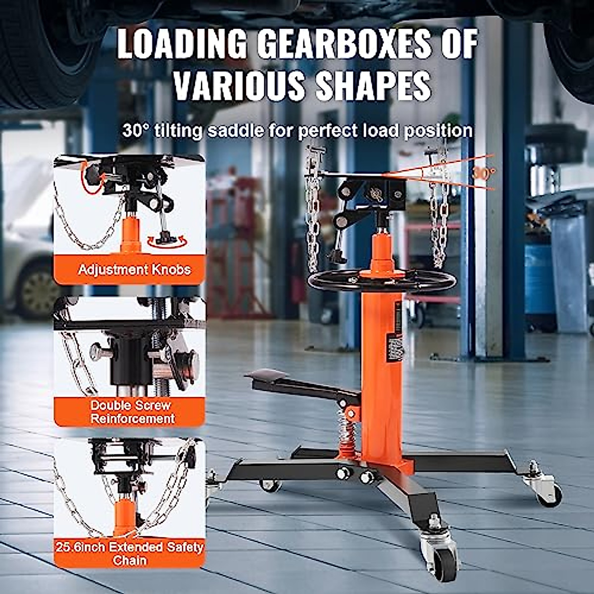 VEVOR Transmission Jack, 1322 LBS Hydraulic Telescoping Transmission Jack, 32"-67" High Lift Transmission Jack Stand with Foot Pedal, 360° Swivel Wheel, Hydraulic Transmission Jack