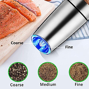 Premium Gravity Electric Salt and Pepper Grinder Set of 2, Automatic One Hand Pepper Mills with LED Light, Automatic Pepper and Salt Mill Grinder Battery-Operated with Adjustable Coarseness