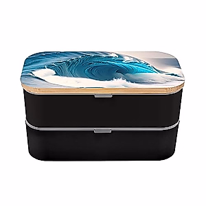 Cartoon Blue Sea Wave Adult Lunch Box, Bento Box, With Cutlery Set Of 3, 2 Compartments, Rectangular, Lunch Box For Adults