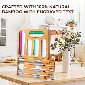 PANDAWOOD 8 IN 1 Storage Bag Organizer for Kitchen Drawer - Bamboo Plastic Bag Organizer - Foil Plastic Wrap Organizer Dispenser with Cutter - Baggie Organizer for Drawer - Sandwich Bag Organizer