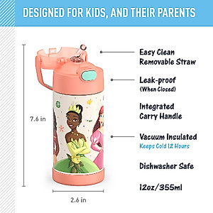 THERMOS FUNTAINER Water Bottle with Straw - 12 Ounce, Princesses - Kids Stainless Steel Vacuum Insulated Water Bottle with Lid
