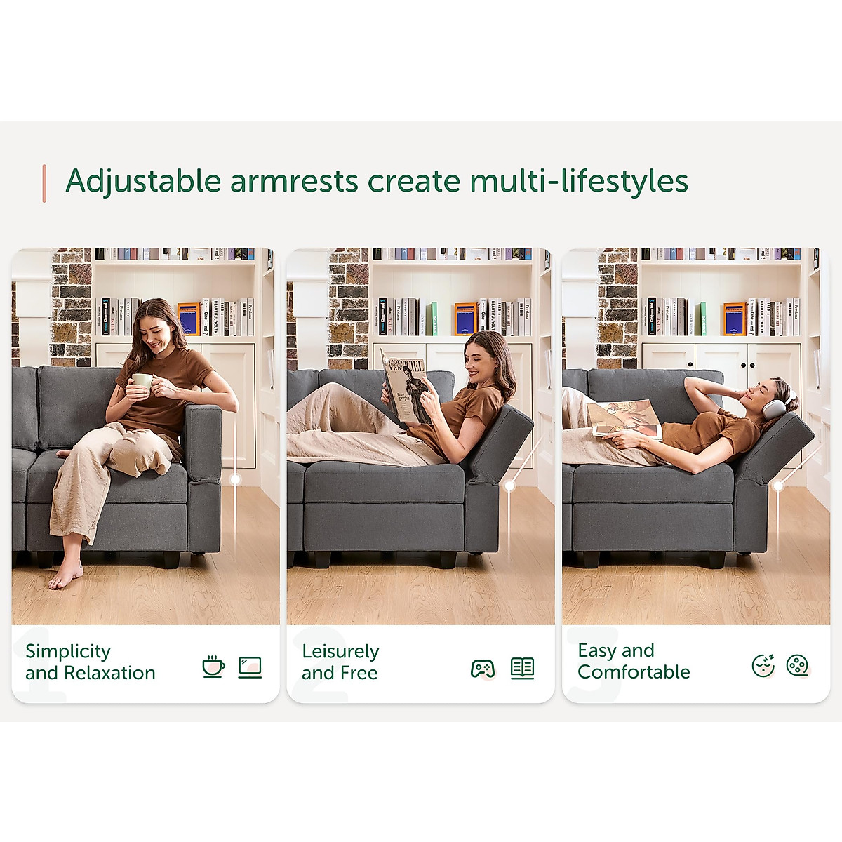 HONBAY Modular Sleeper Sectional Sofa Sectional Sleeper Couch with Storage Ottoman Reversible Modular Sofa for Living Room Dark Grey