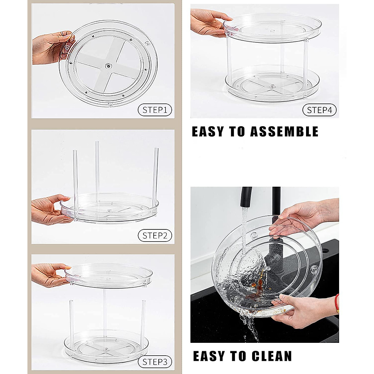 Amasses 3 Tier Clear Lazy Susan Organizer, 360 Degree Rotating Round Lazy Susan Turntable 9" Non-Skid Rotating Organization Storage Container for Kitchen, Cabinet, Pantry