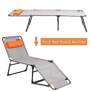 PORTAL Adjustable Portable Cot for Adults, Folding Chair, 4-Position Recliner with 250lbs Weight Capacity Lounger, Travel, Camping, Beach, Grey, Orange