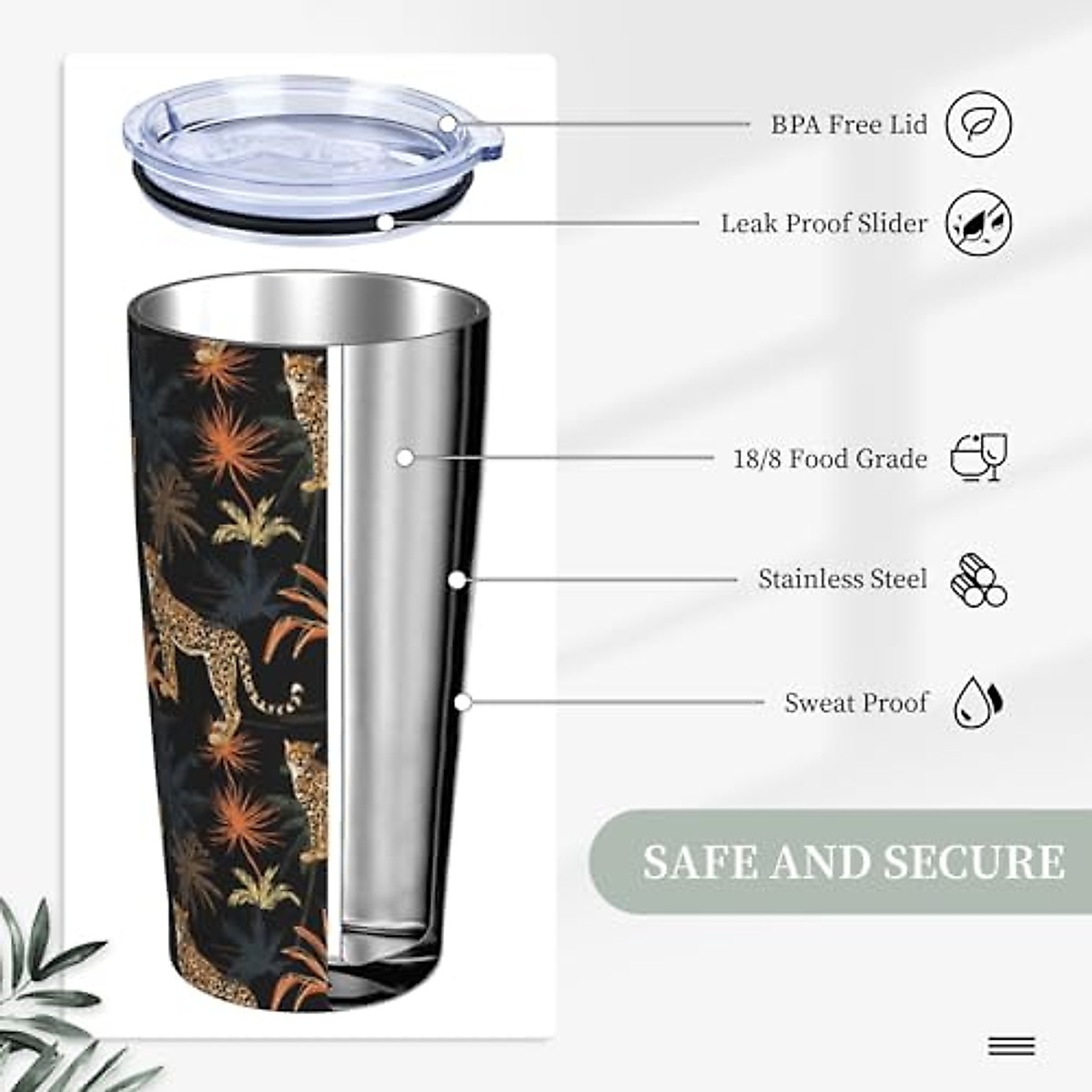 Yaxongx 20oz Tumbler Leopard Palm Tree Double Wall Vacuum Insulated Coffee Mug with Lid and Metal Straw Brush Reusable Stainless Steel Water Bottle Travel Cup Gifts for Car Ice Drinks Hot Beverage