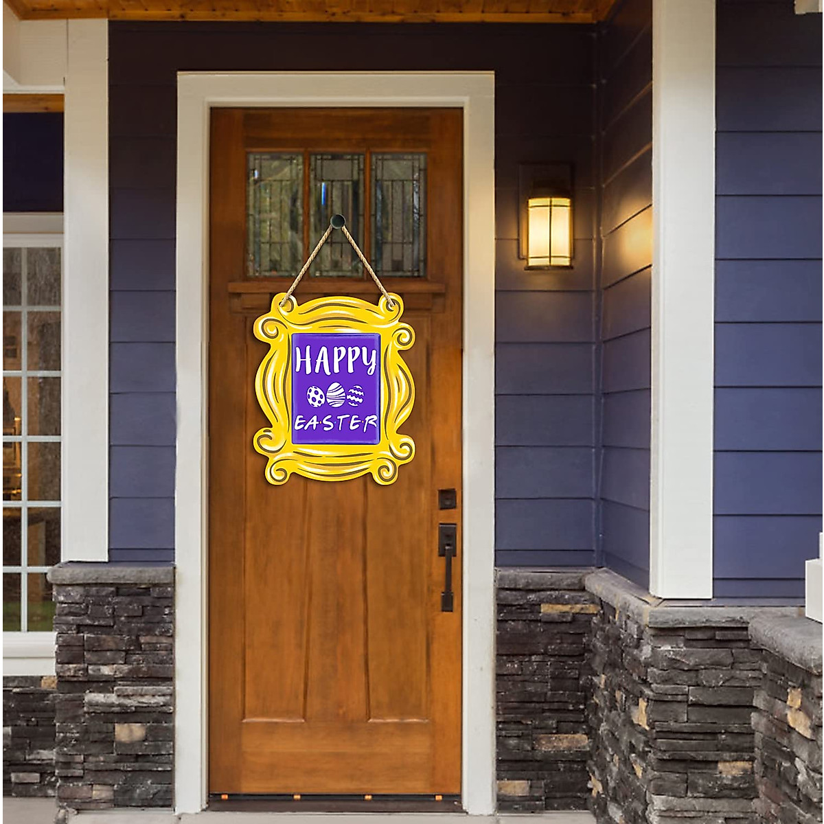 Happy Easter and Eggs Sign Welcome Large Hanging Sign Door Decor with Rope for Easter Party Garden, Yard Spring Home Decorations