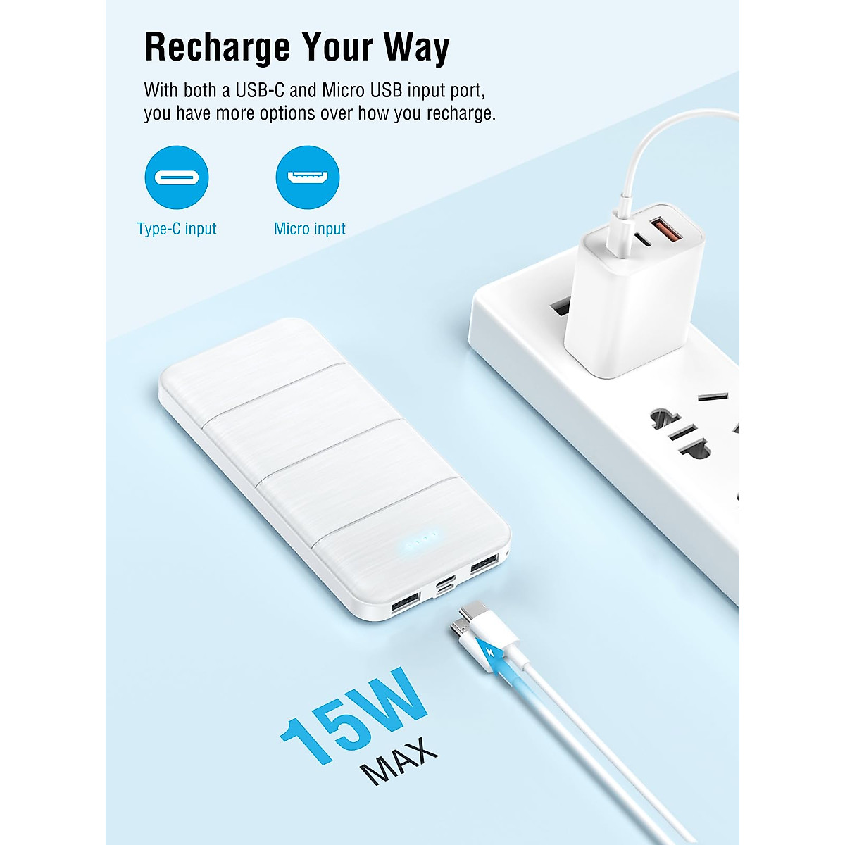 LOVELEDI Portable-Charger-Power-Bank - 15000mAh Dual USB Power Bank Output 5V3.1A Fast Charging Portable Charger Compatible with Smartphones and All USB Devices(White)